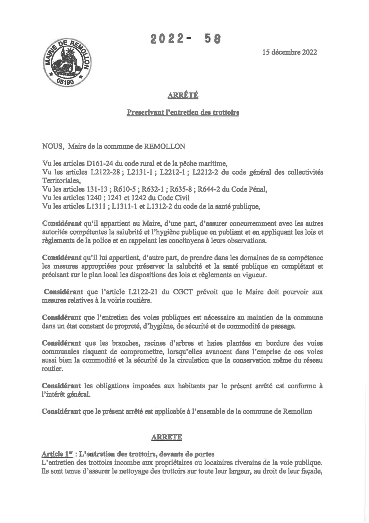Arrêté Municipal - Déneigement des trottoirs - Mairie de Remollon Arrêté Municipal - Déneigement des trottoirs - Mairie de Remollon